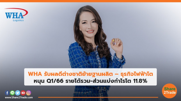 WHA รับผลดีต่างชาติย้ายฐานผลิต – ธุรกิจไฟฟ้าโต หนุน Q1/66 รายได้รวม-ส่วนแบ่งกำไรโต 11.8% ...